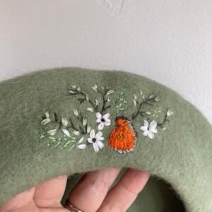 Robin Embroidered Beret Winter, Hand Stitched Beret, French Style Beret ...