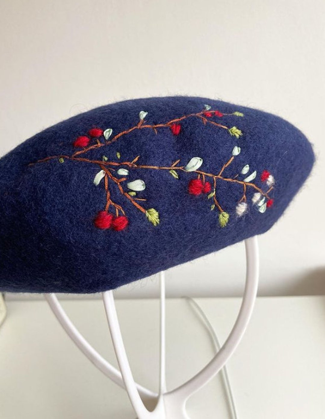 Red Berry Beret, Winter Berry Beret, Embroidered Beret, Warm Wool Beret ...