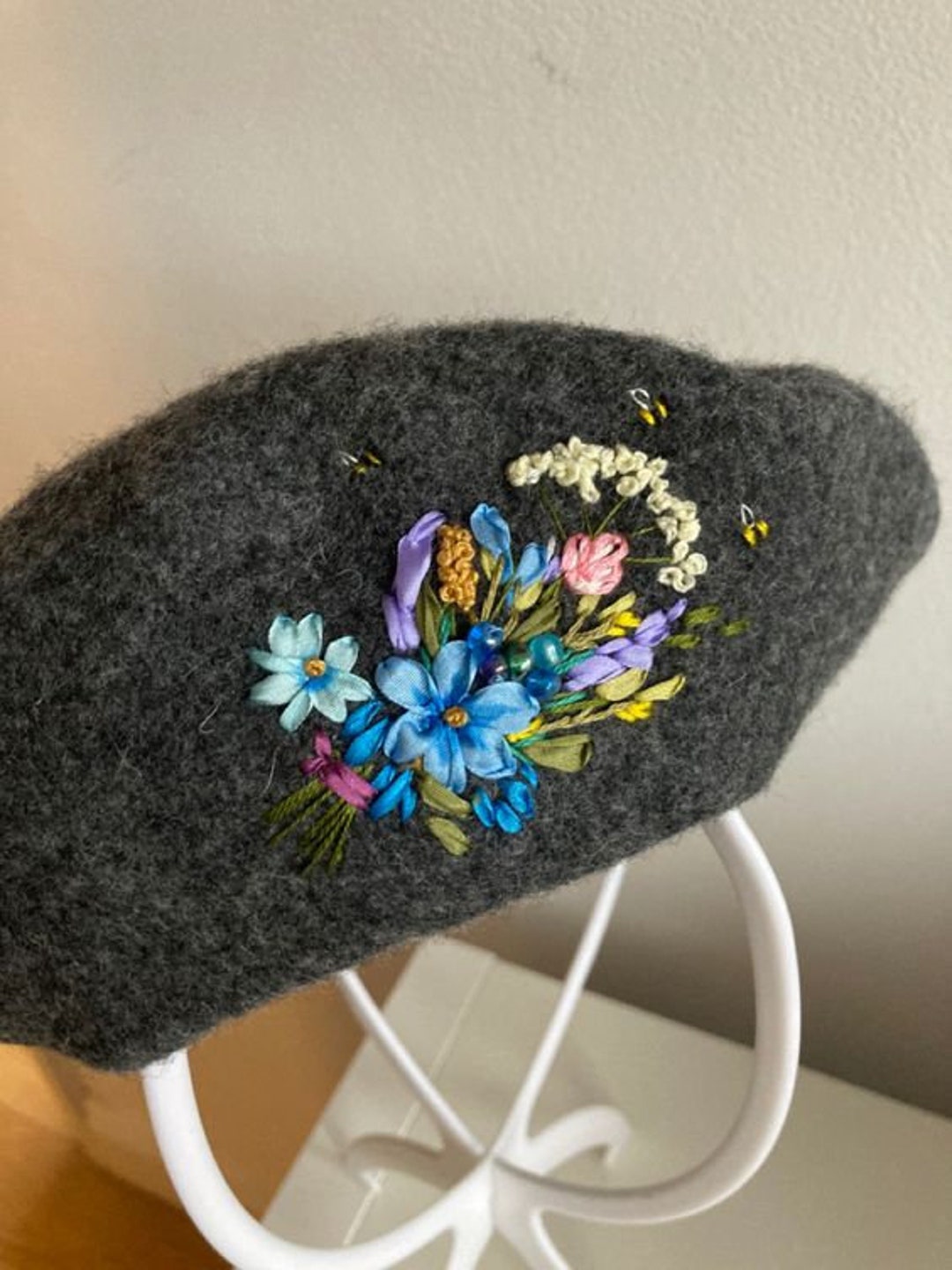 Embroidered Floral Beret, Hand Embroidered Silk Flowers, Soft Wool ...