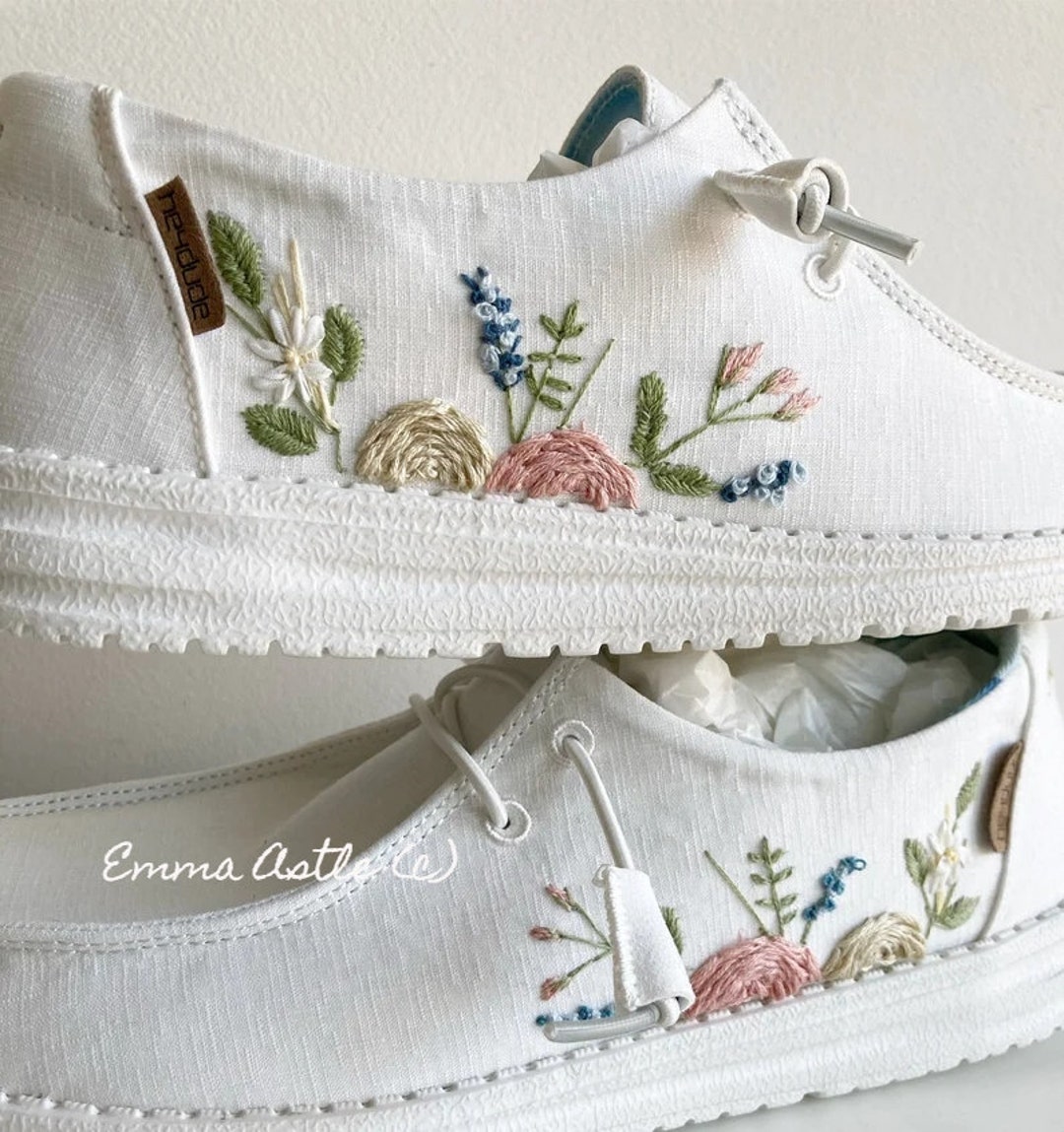 Custom Rose Wedding Hey Dude Shoes - Embroidered Linen Bridal Sneakers ...