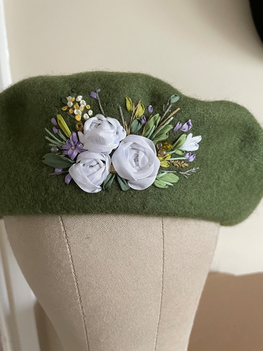 White Rose Beret, Hand Embroidered Beret, Silk Ribbon Flowers, Pink ...