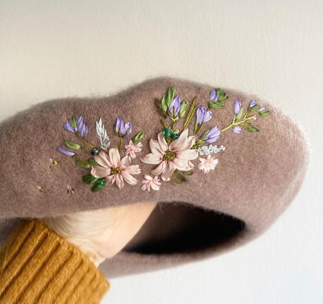 Embroidered Floral Beret, Vintage Style Silk Beret, Hand Embroidered ...