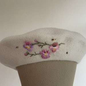 Pansy Embroidered Beret, Flower Beret, Real 100% Wool Beret, Wool Mark ...
