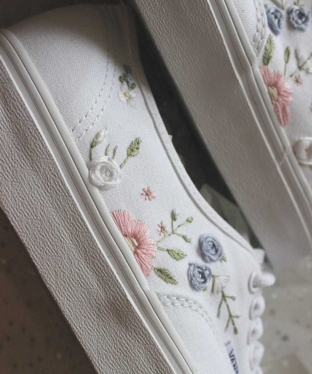 Hand-embroidered Pink and Blue Rose Shoes, Custom Bridal Sneakers ...