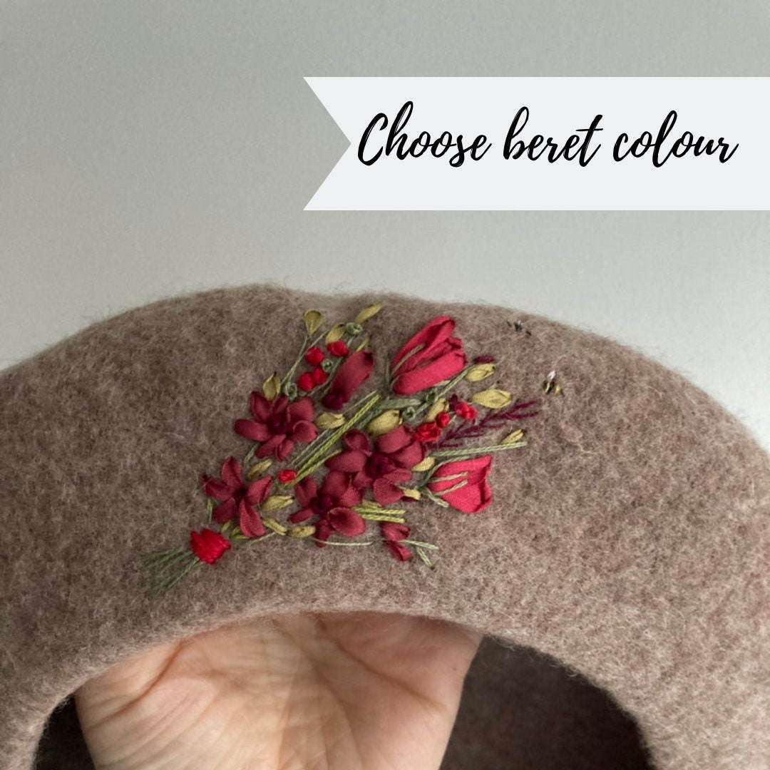 Floral Beret Delicate, Romantic Red Rose Beret Valentines Classic Silk ...