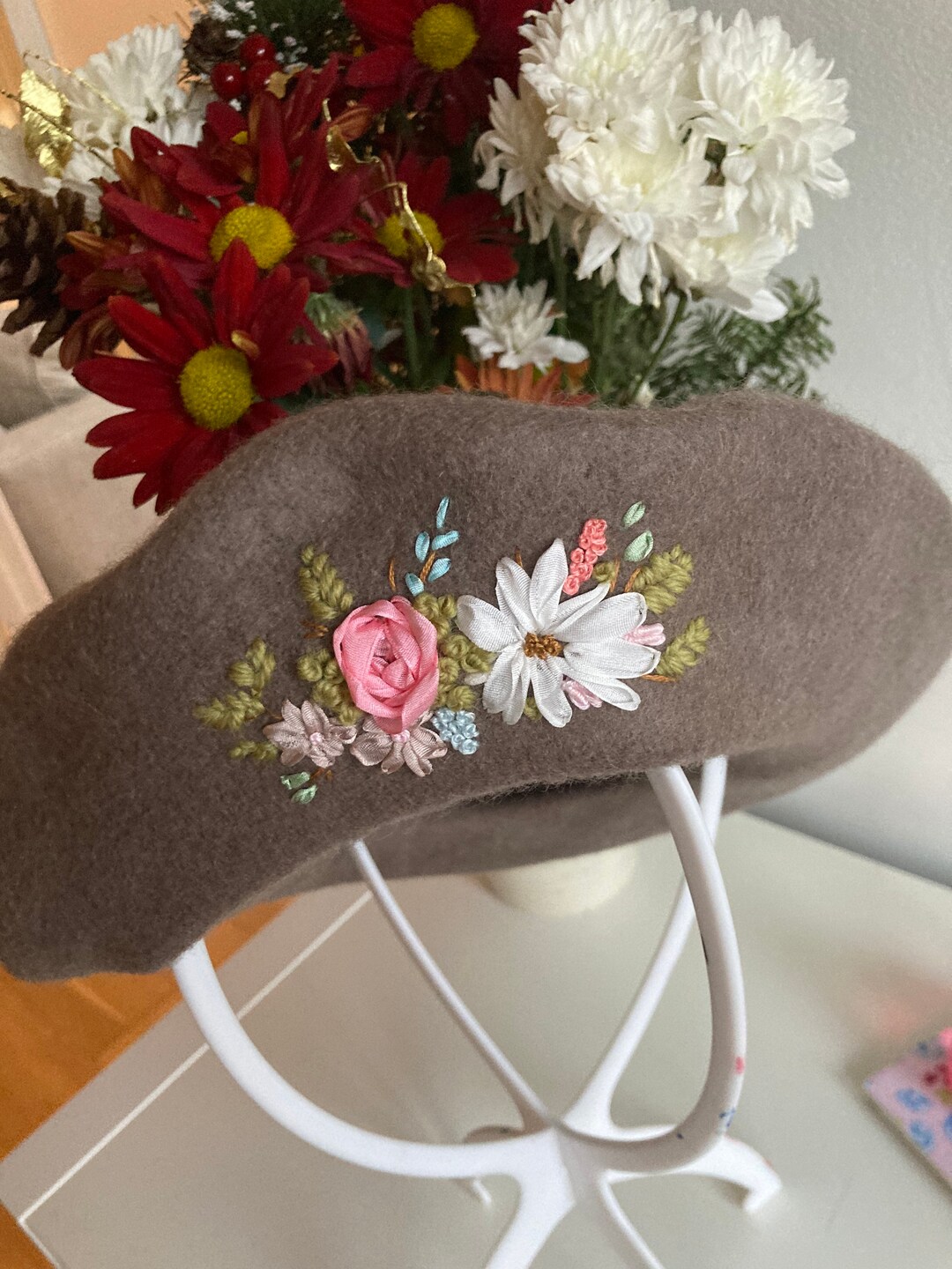 Hand Embroiderded Silk Ribbon Beret, Silk Flower Beret, Daisy Beret ...