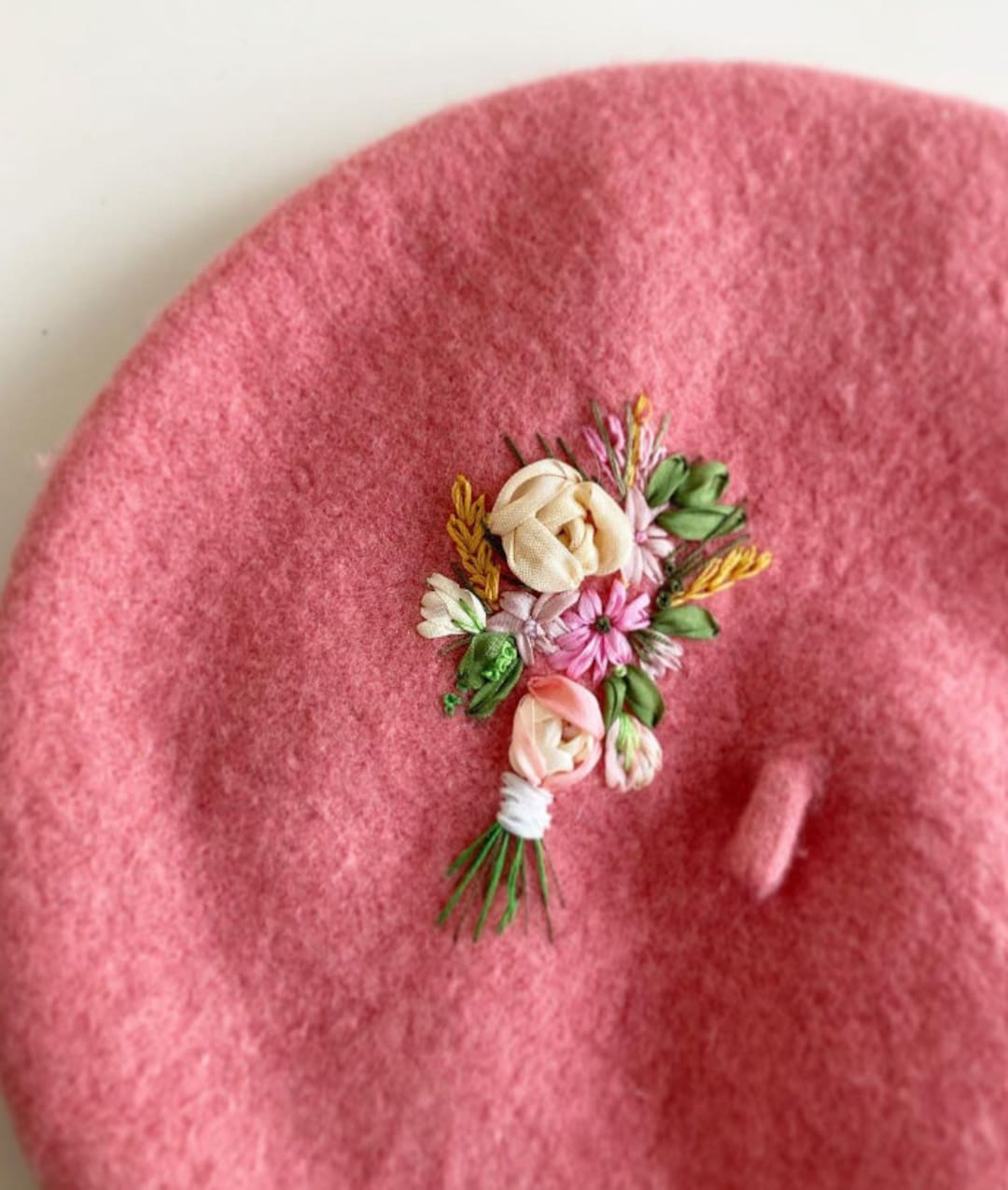 Rose Bouquet Hand Embroidered Beret, Flower Bouquet Beret, Warm Wool ...