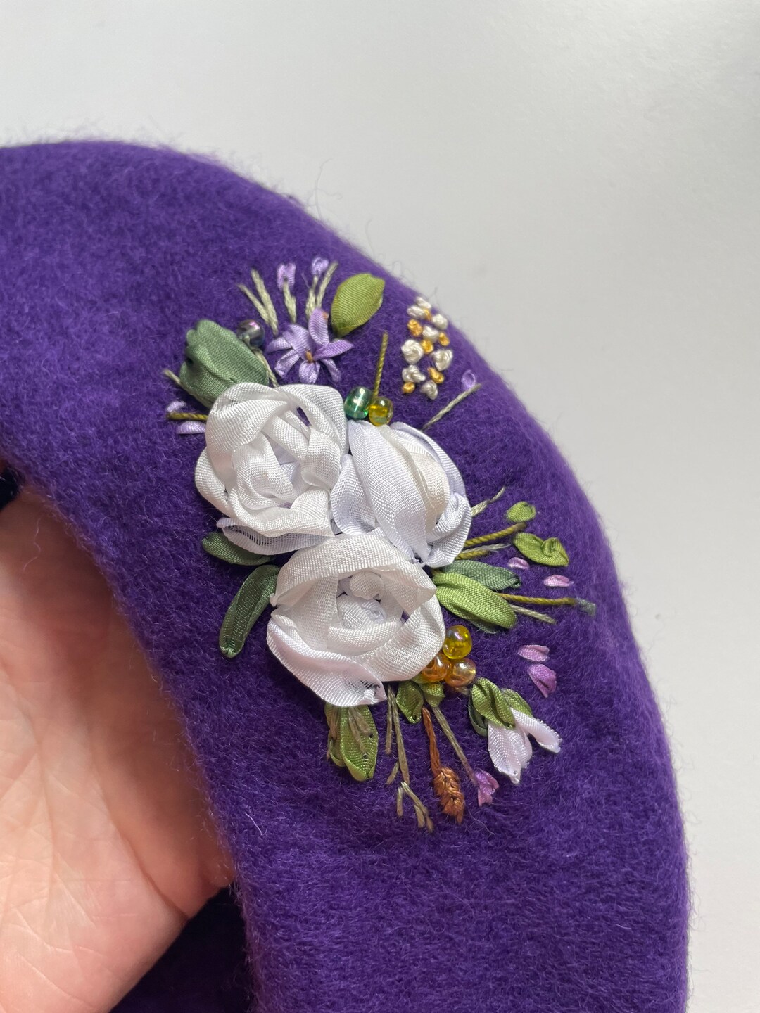 White Rose Beret, Hand Embroidered Flower Beret, Silk Ribbon Flowers ...