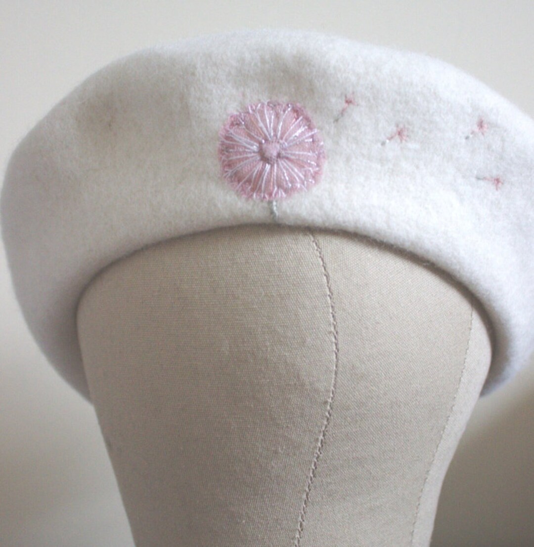 Thick Wool Beret With Pink Dandelion, Dandelion Clock White Beret ...