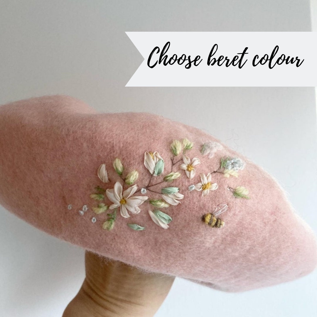 Soft Yellow Floral Beret, French Floral Beret, Silk Ribbon Flowers ...