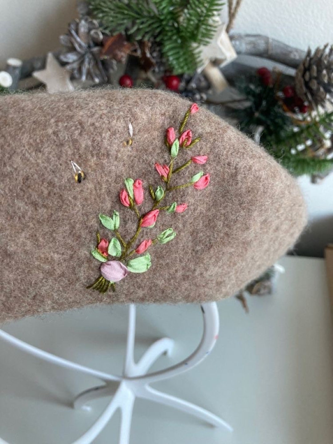 Dusty Rose Bouquet Beret, Thick Wool Beret, Hand Embroidered Beret ...
