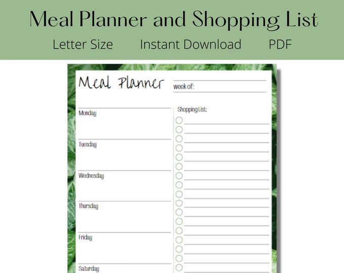 Green Weekly Meal Planner, Nature Shopping List, Printable Meal Prep ...