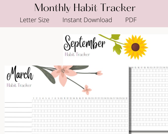 Monthly Habit Tracker Printable, Floral Calendar Tracker, 30 Day Action ...