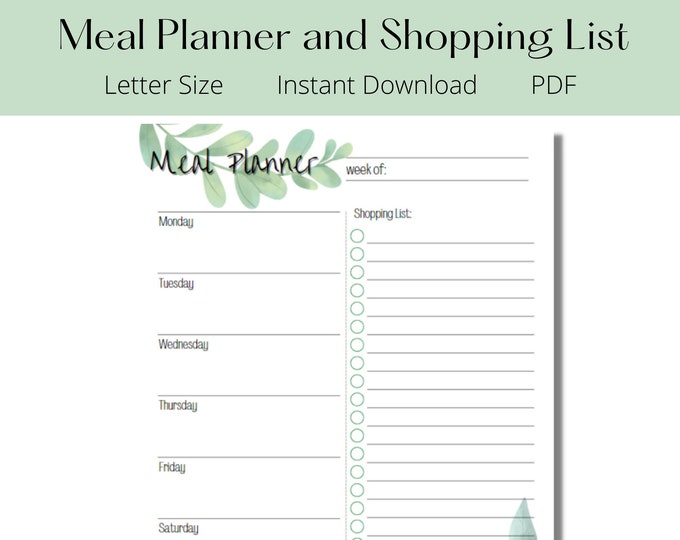 Green Weekly Meal Planner, Leaves Shopping List, Printable Meal Prep ...