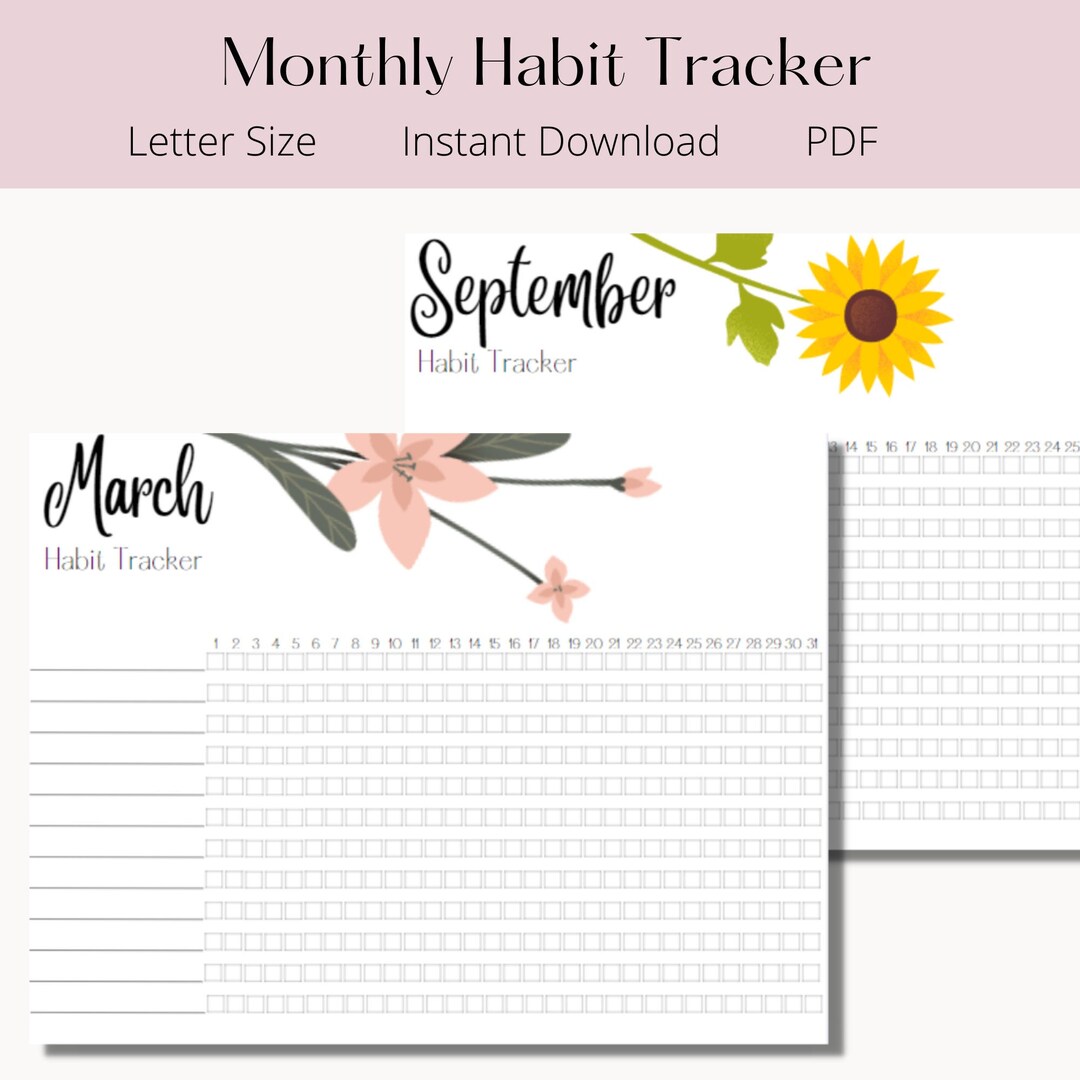 Monthly Habit Tracker Printable, Floral Calendar Tracker, 30 Day Action ...