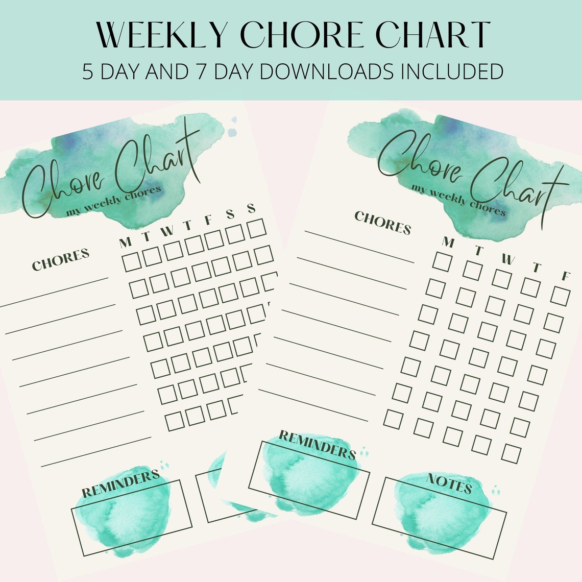 Printable Chore Chart, Green Watercolor Kids Chore Chart, Green Weekly ...