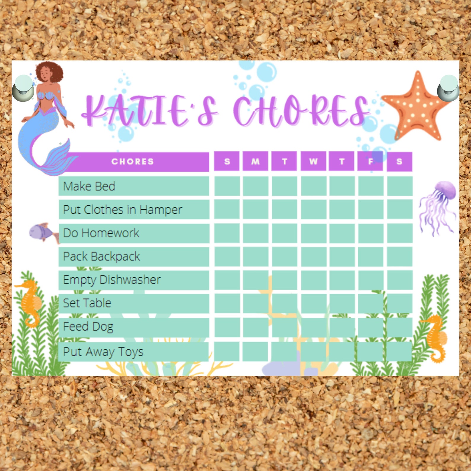 Printable Kids Mermaid Chore Chart, Weekly Under the Sea Chore and ...