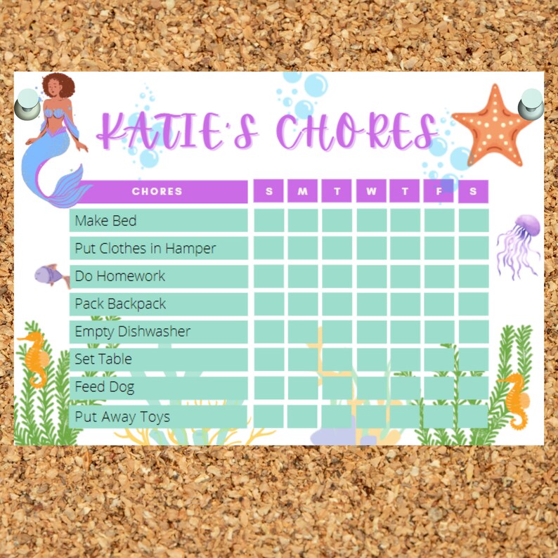 Printable Kids Mermaid Chore Chart, Weekly Under the Sea Chore and ...