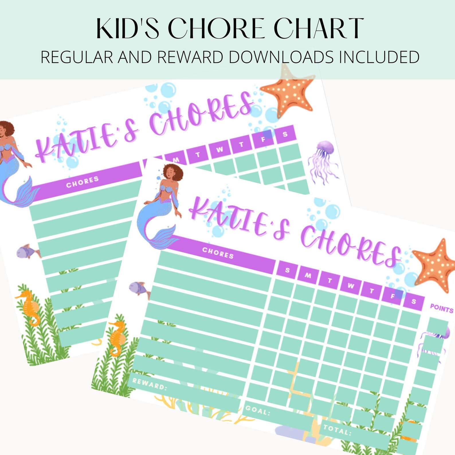 Printable Kids Mermaid Chore Chart, Weekly Under the Sea Chore and ...