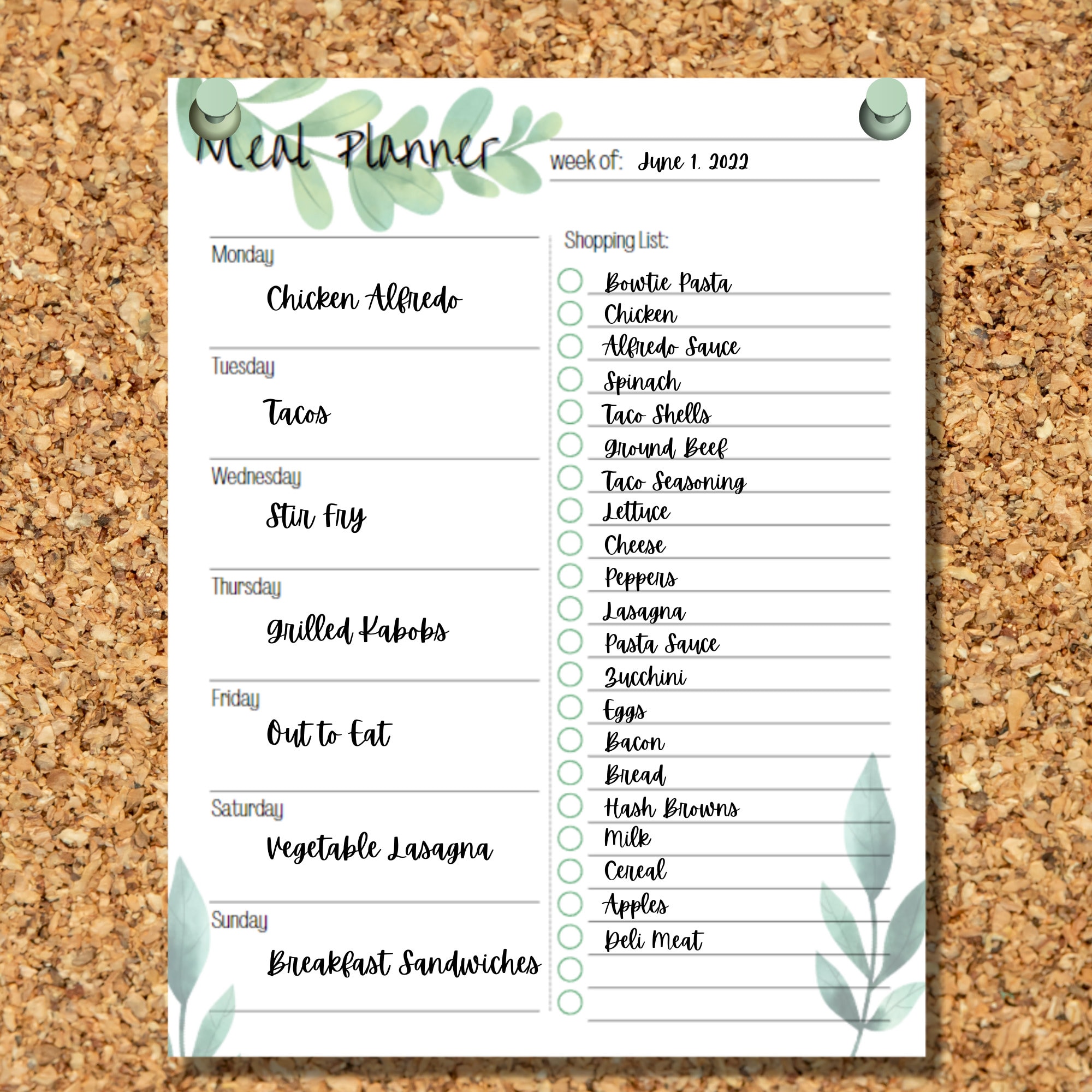 Green Weekly Meal Planner, Leaves Shopping List, Printable Meal Prep ...