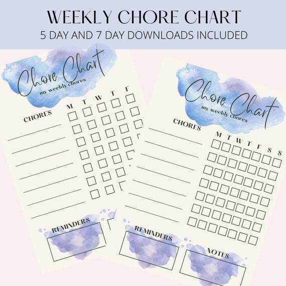Printable Chore Chart Blue Watercolor Kids Chore Chart Blue | Etsy