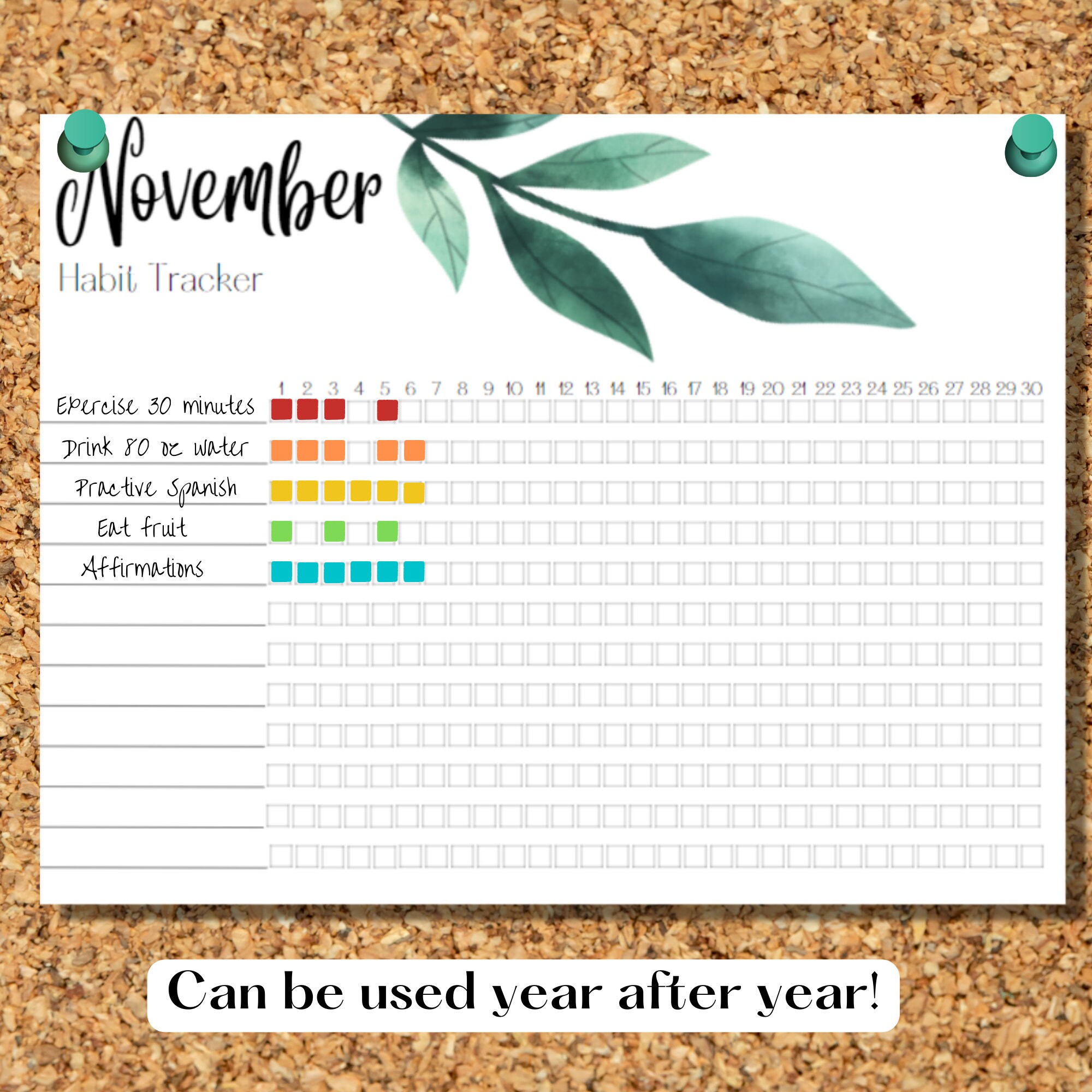 Monthly Habit Tracker Printable, Greenery Calendar Tracker, 30 Day ...