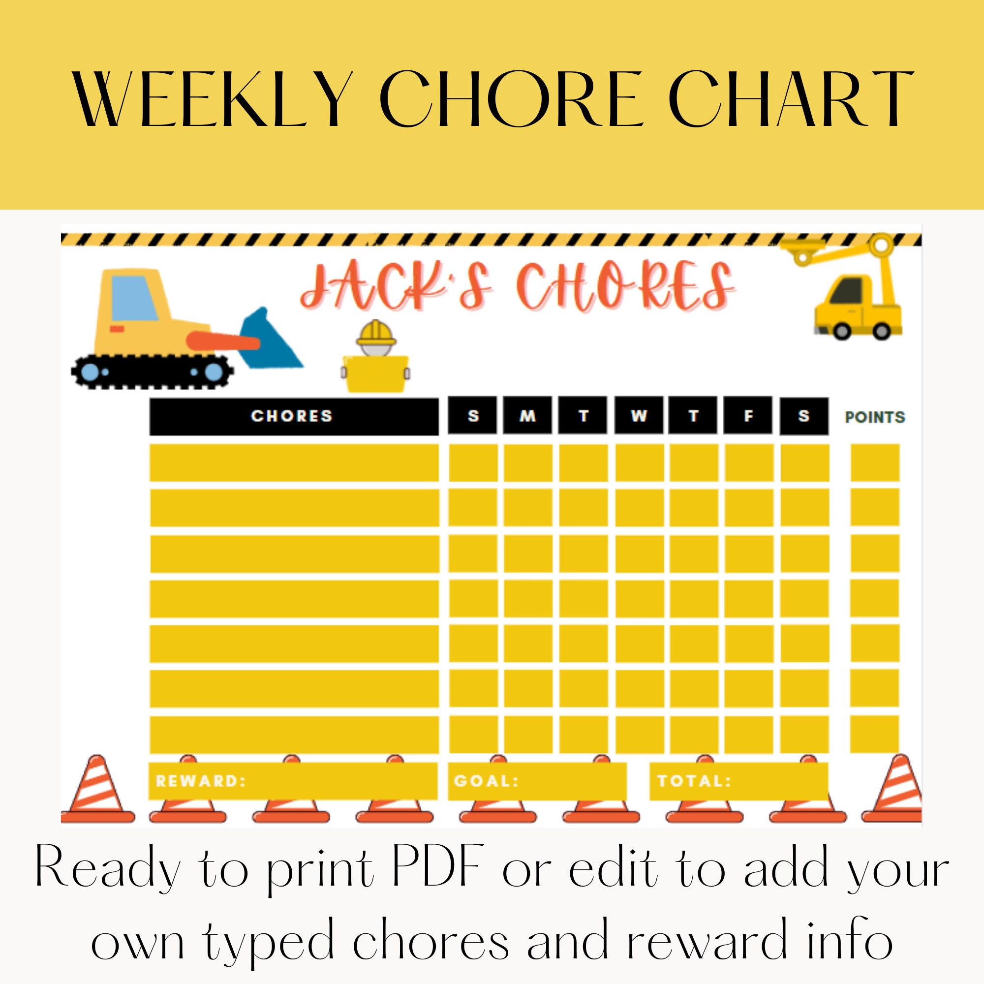Printable Kids Chore Chart, Weekly Construction Chore and Reward ...