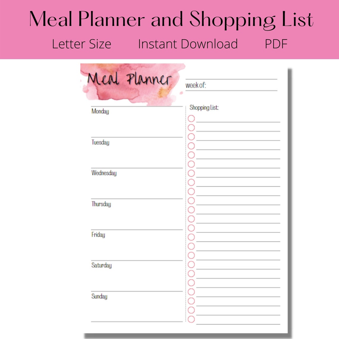 Pink Weekly Meal Planner, Pink Shopping List, Printable Meal Prep List ...