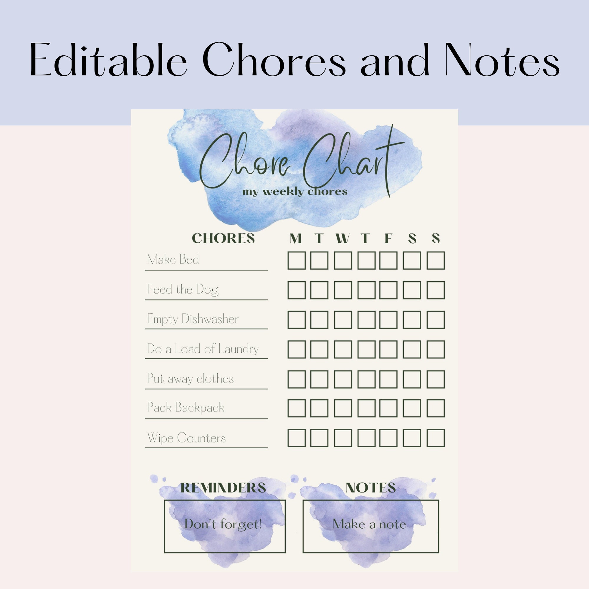 Printable Chore Chart, Blue Watercolor Kids Chore Chart, Blue Weekly ...