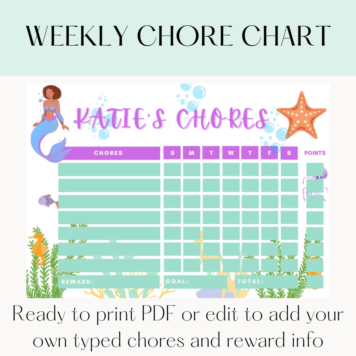 Printable Kids Mermaid Chore Chart, Weekly Under the Sea Chore and ...