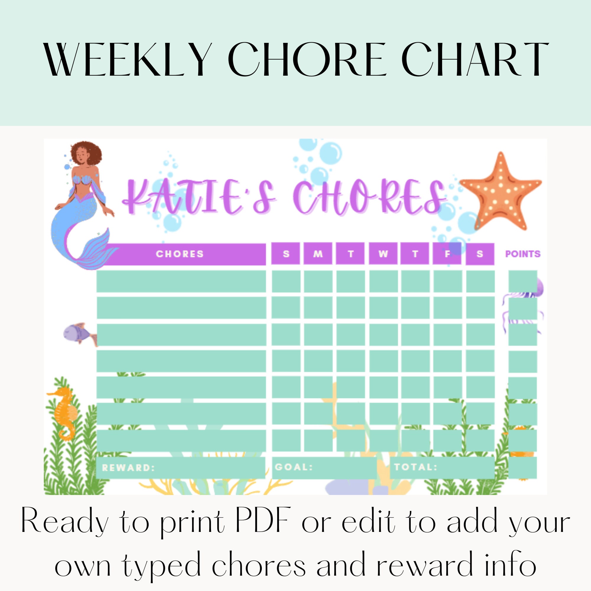 Printable Kids Mermaid Chore Chart, Weekly Under the Sea Chore and ...