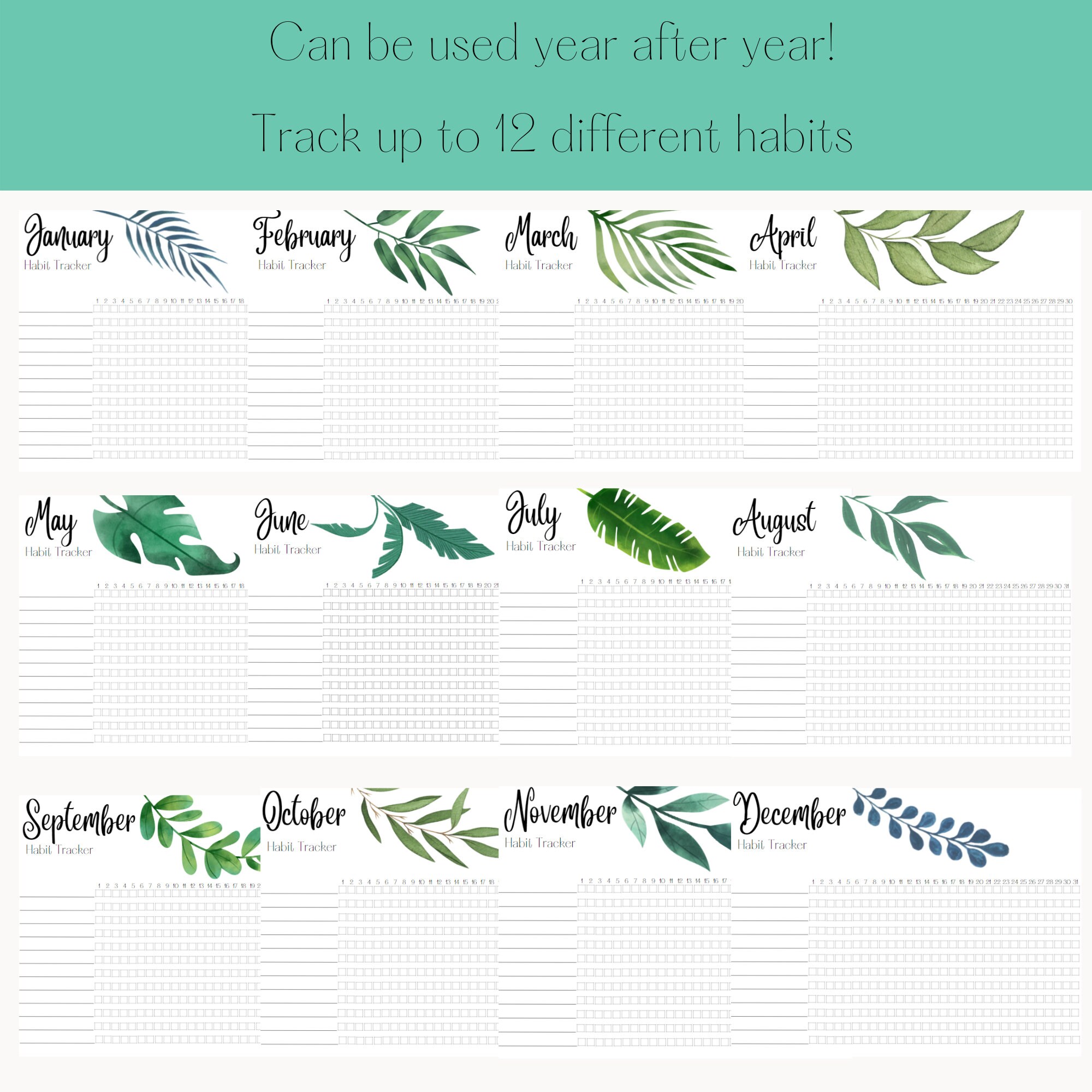 Monthly Habit Tracker Printable, Greenery Calendar Tracker, 30 Day ...