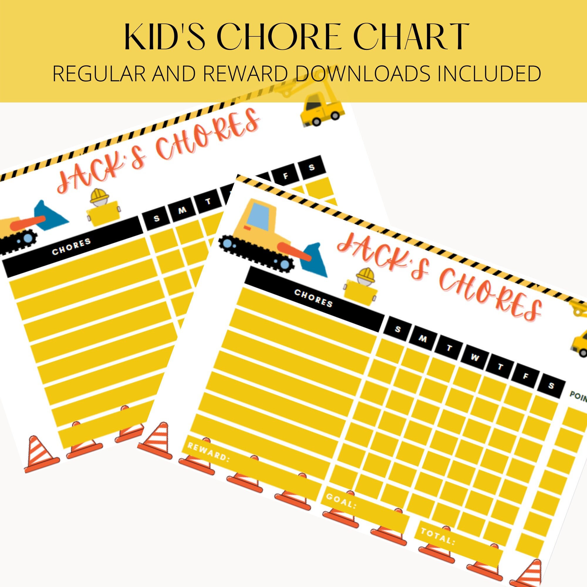 Printable Kids Chore Chart, Weekly Construction Chore and Reward ...