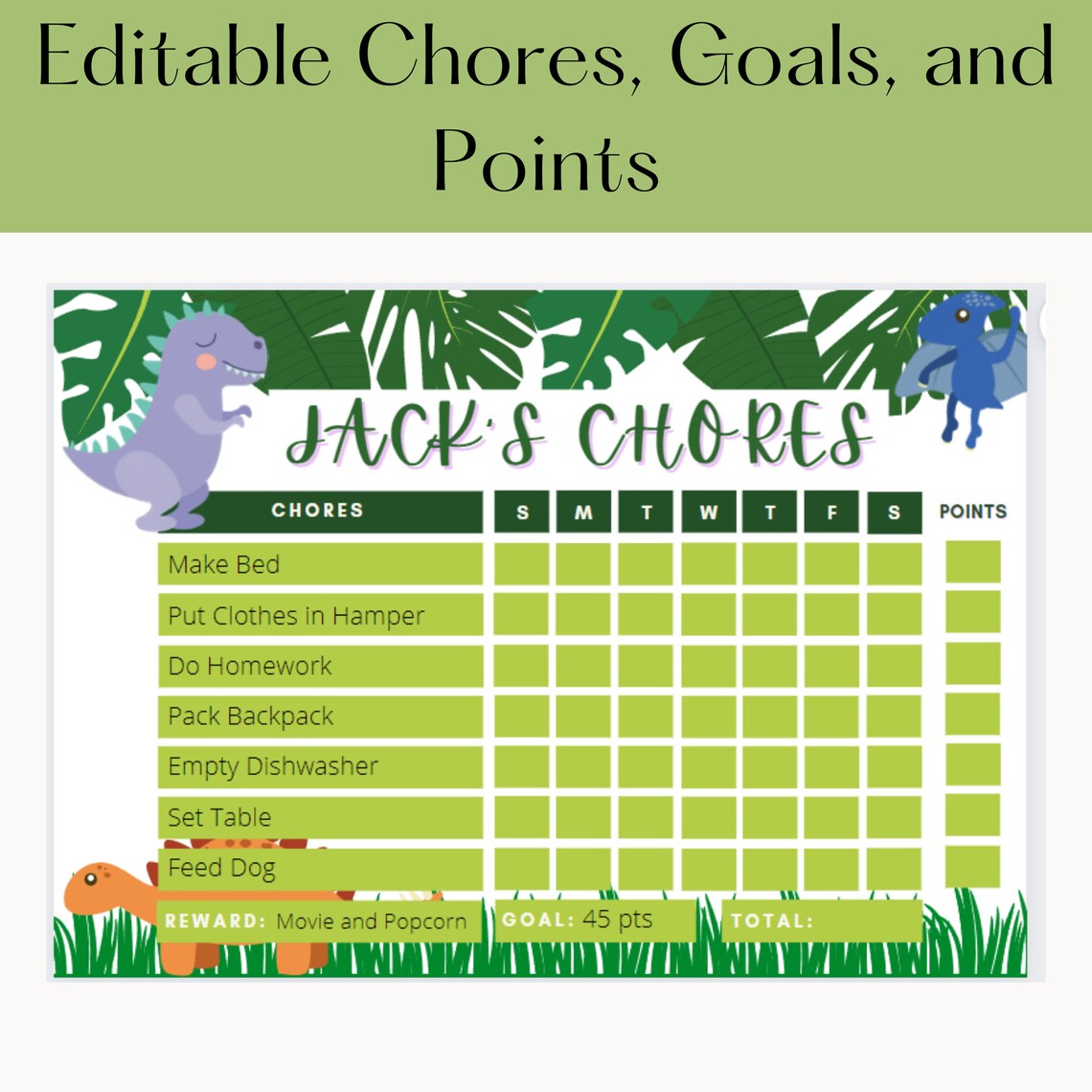 Printable Kids Chore Chart, Weekly Dinosaur Chore and Reward Tracker ...