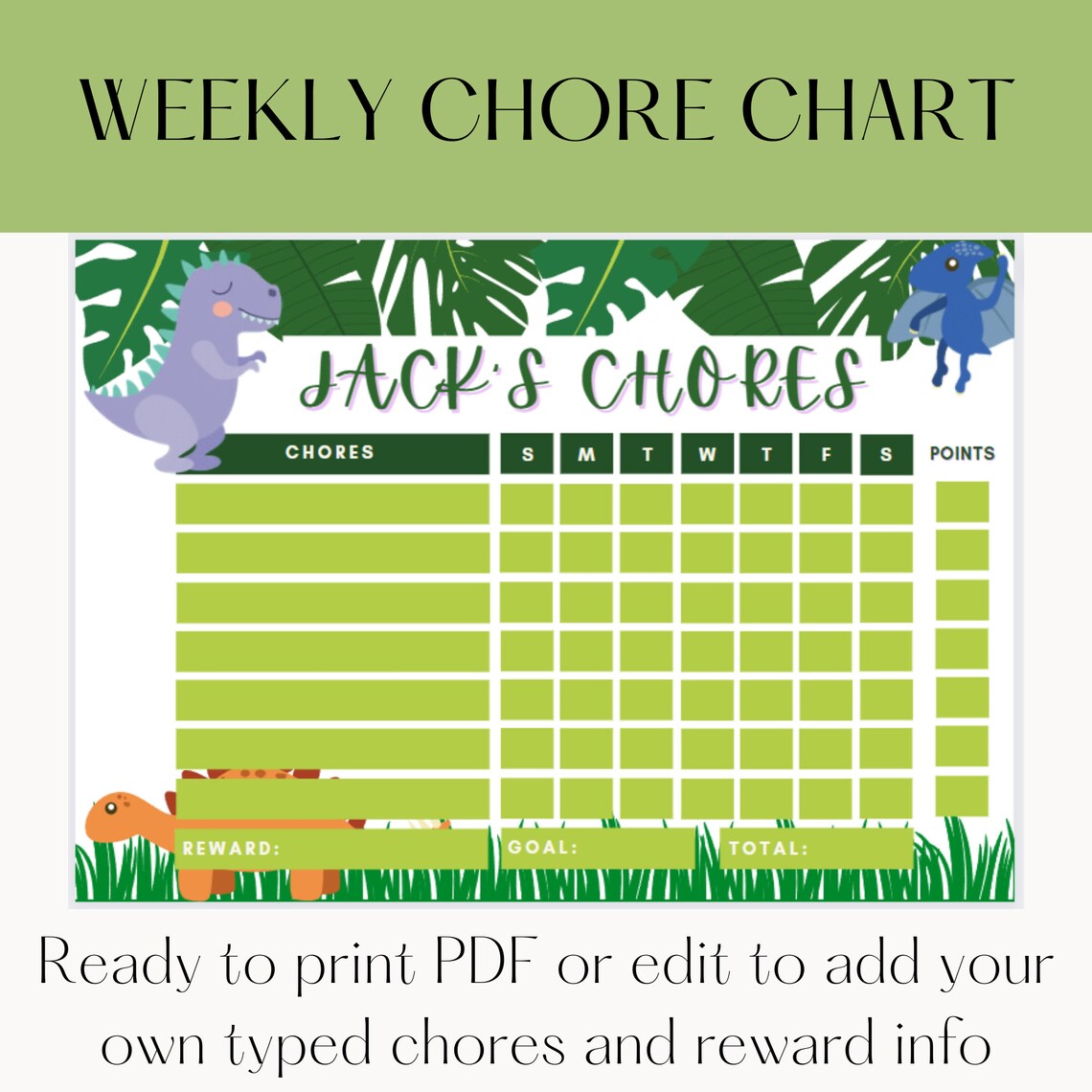 Printable Kids Chore Chart Weekly Dinosaur Chore and Reward - Etsy