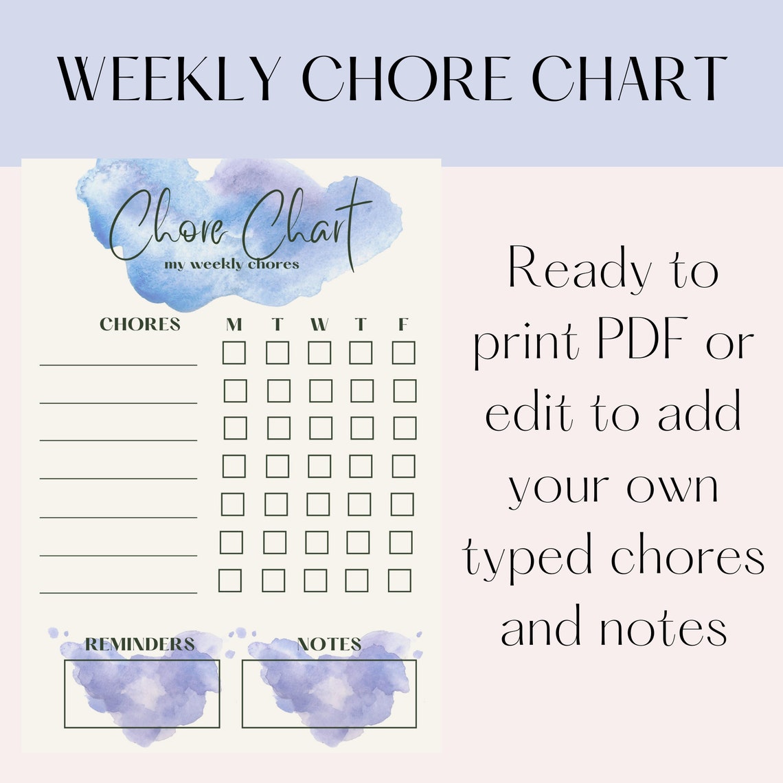 Printable Chore Chart, Blue Watercolor Kids Chore Chart, Blue Weekly ...