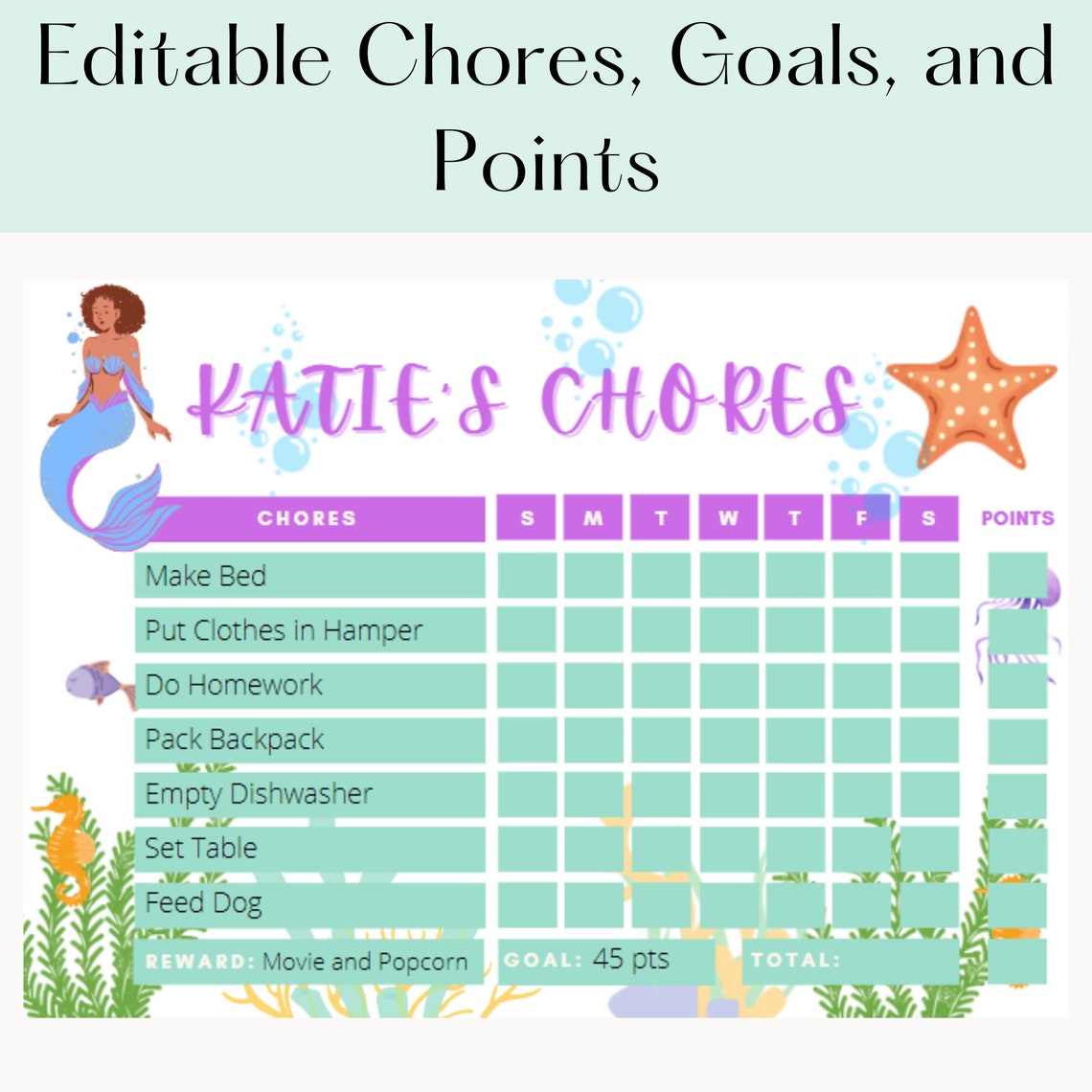 Printable Kids Mermaid Chore Chart, Weekly Under the Sea Chore and ...