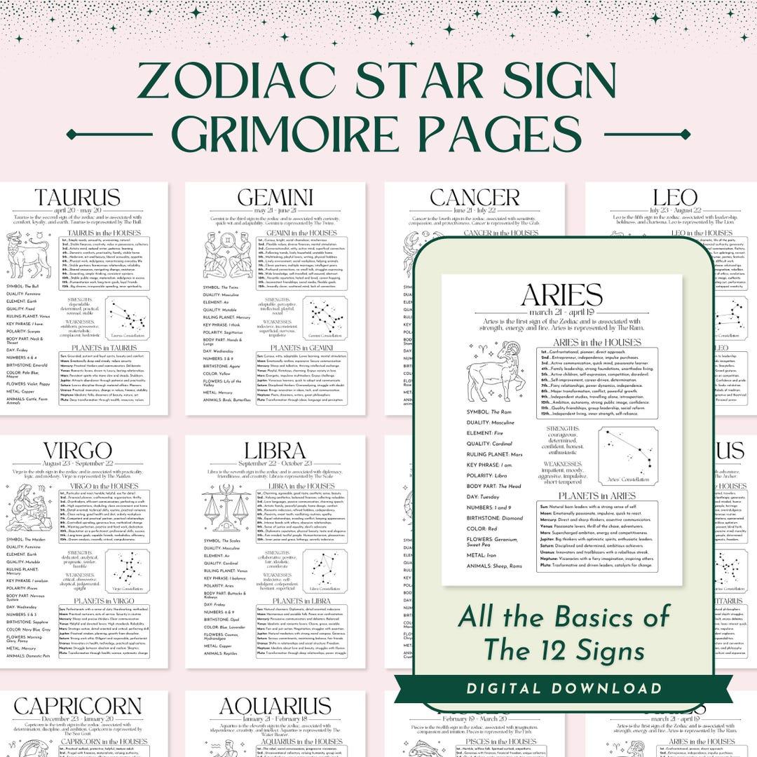 Zodiac Star Signs Basics Printable Grimoire Pages - Etsy