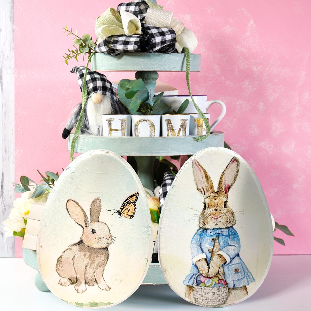 Wood Easter Egg Plaques Decoupaged With Adorable Bunnies - Etsy