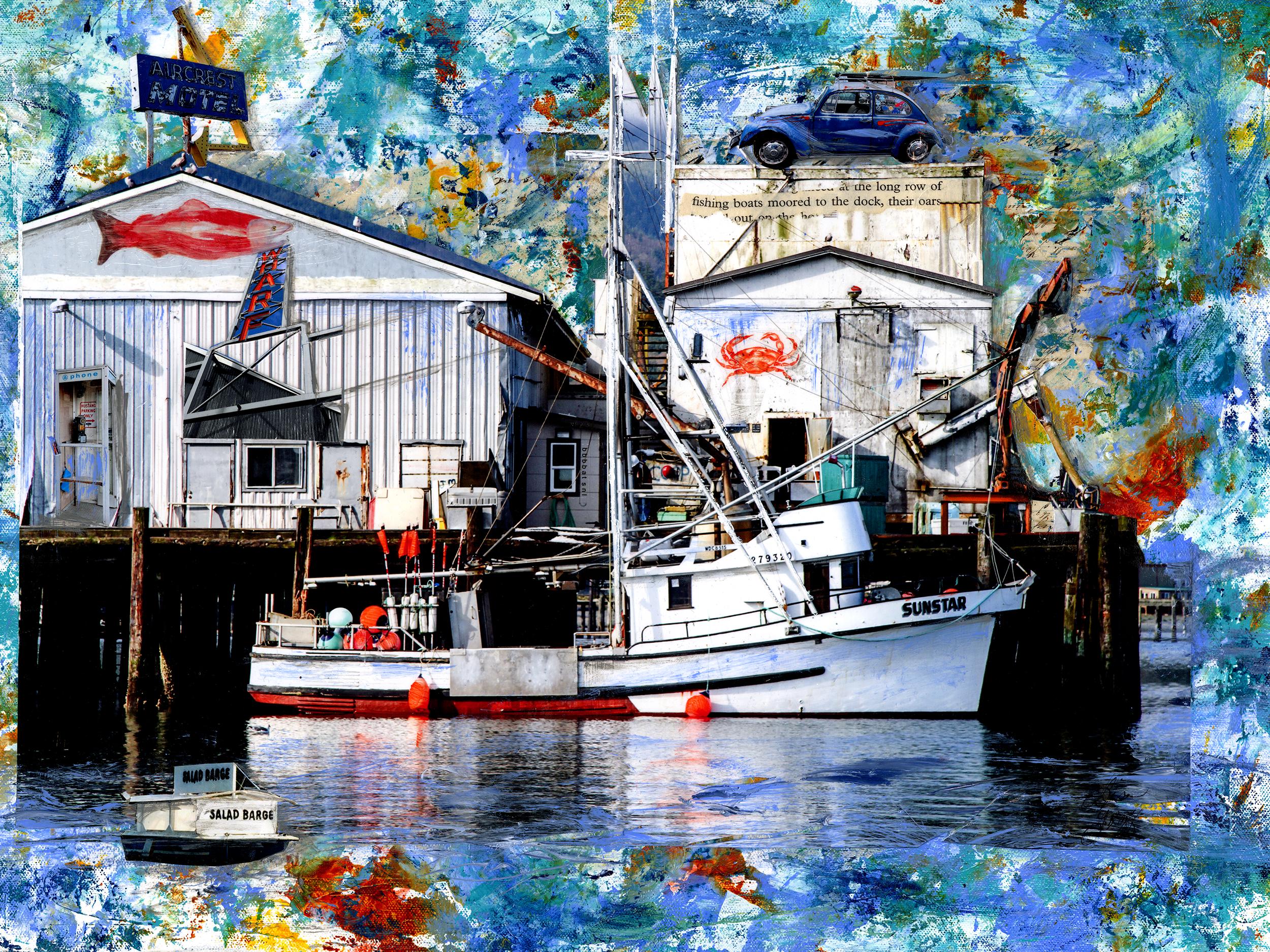FISHING BOAT SUNSTAR Print | Crab Fish Salmon Wharf Art | Distressed ...