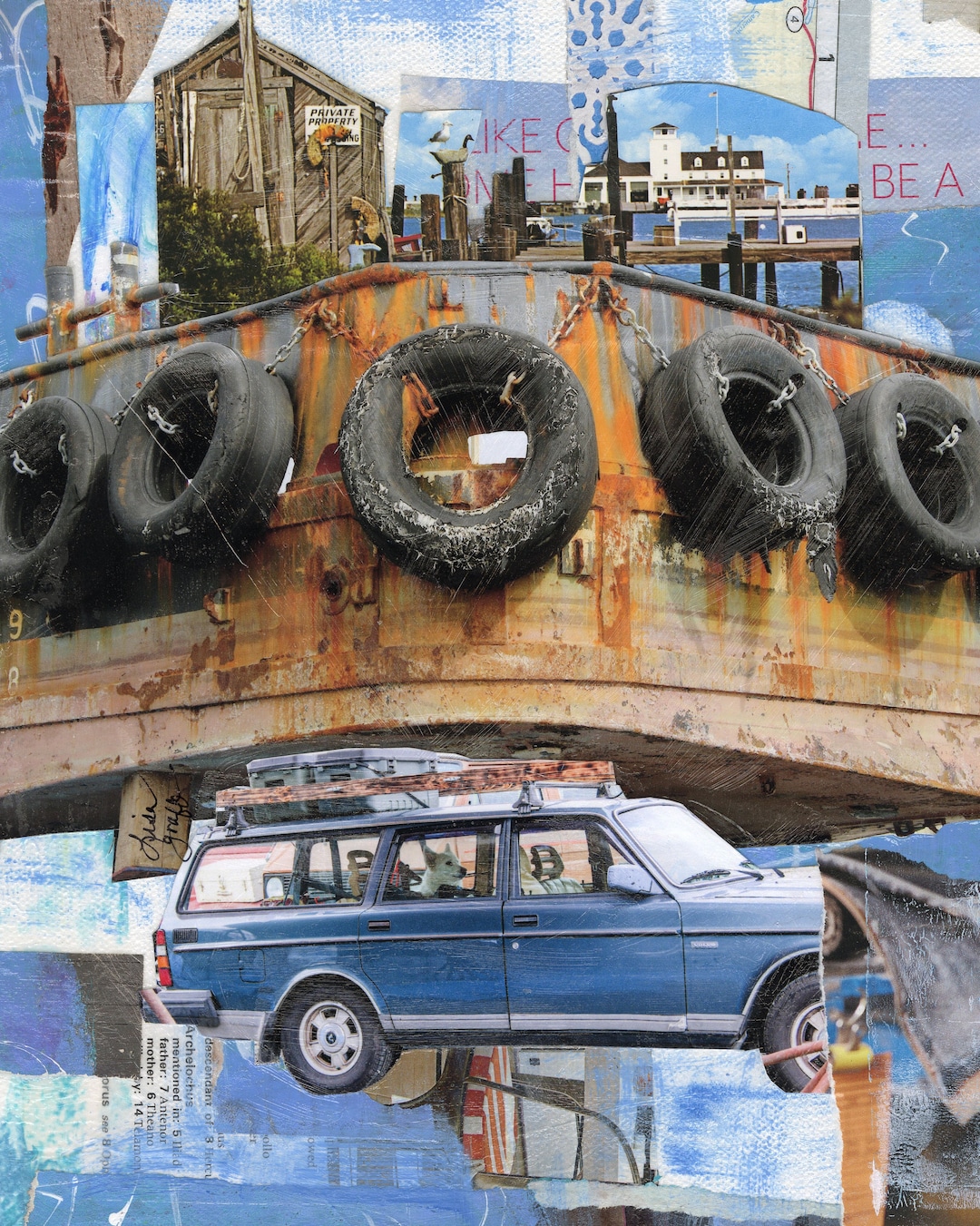 SHIPYARD ART Print | Boatyard Mixed Media Painting | Dog Car Art ...