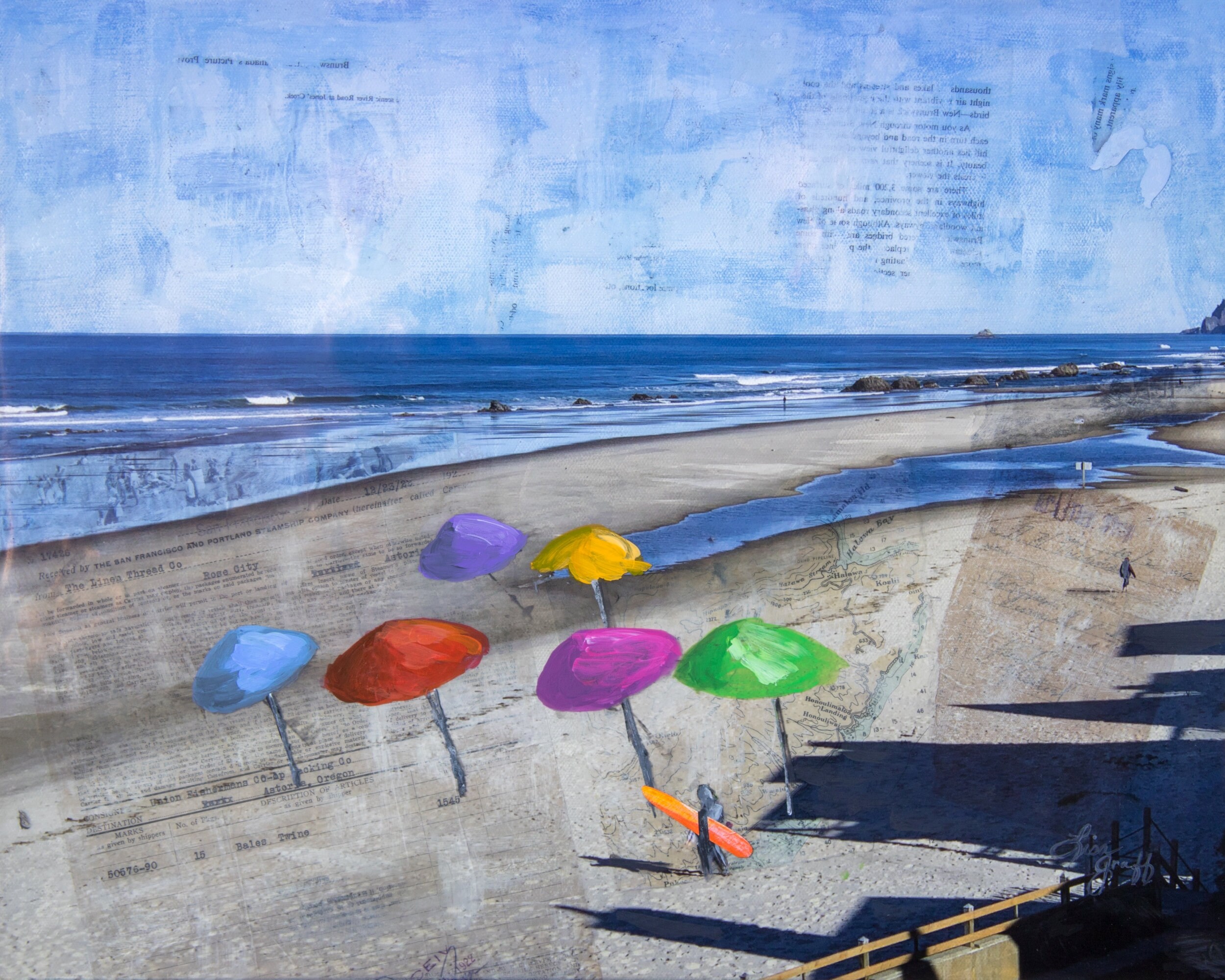 Beach Umbrella Coastal Art, Mixed Media Painting, Sandy Beach Print ...