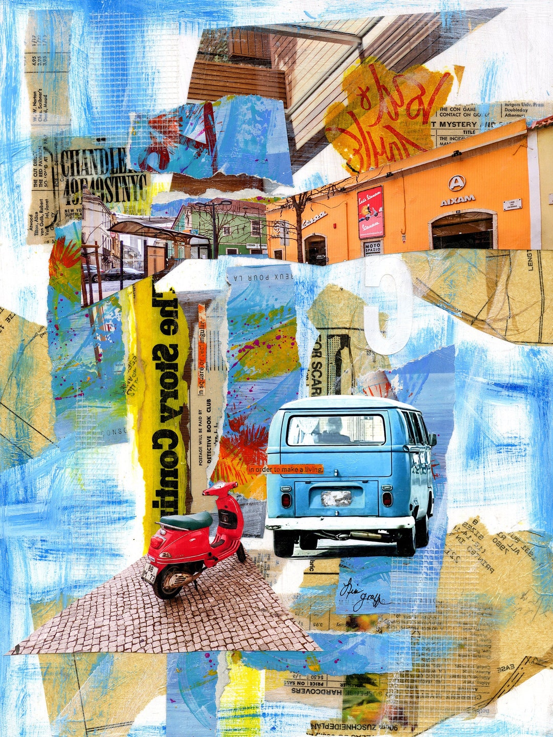 PORTUGAL SCOOTER ART Abstract Bus Art Print Boho Bohemian Painting ...