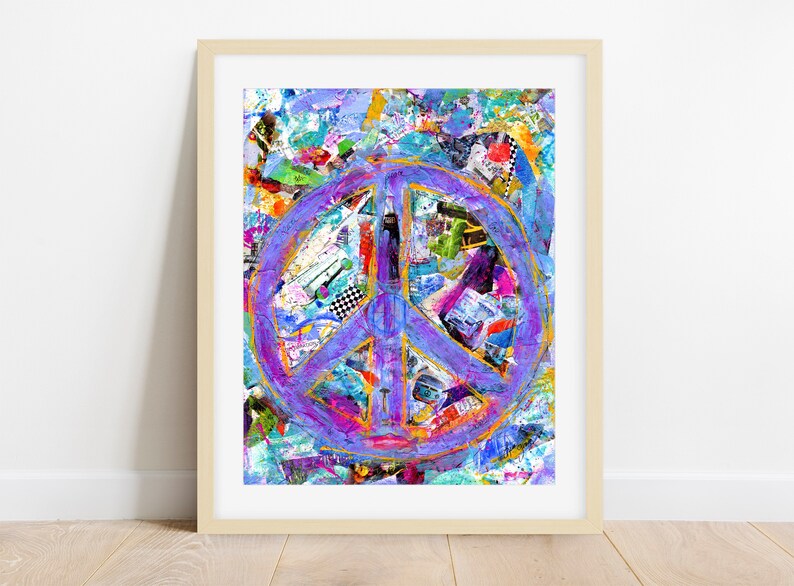 PEACE SIGN PRINT Flower Child Boho Artwork Hippy Decor Mixed Media Print Collage Art Peace ...