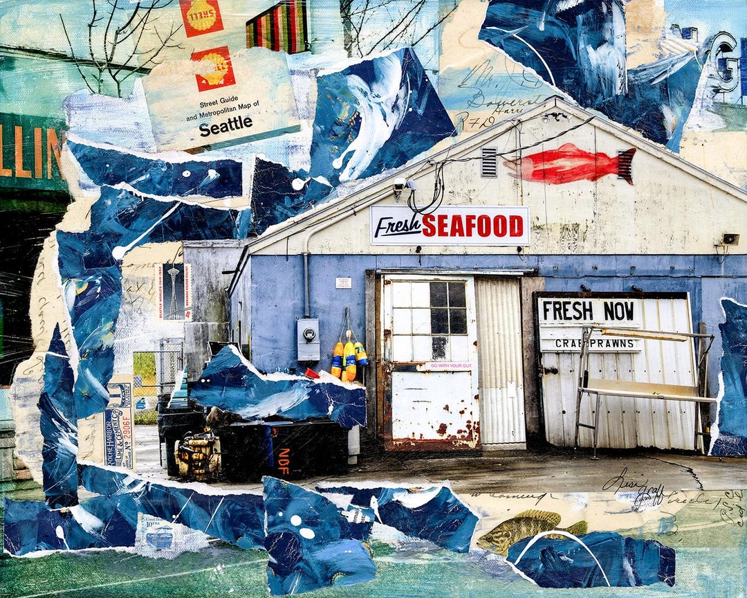 FISH SHACK Art Print| Seafood Art Mixed Media Collage Print | Coastal ...