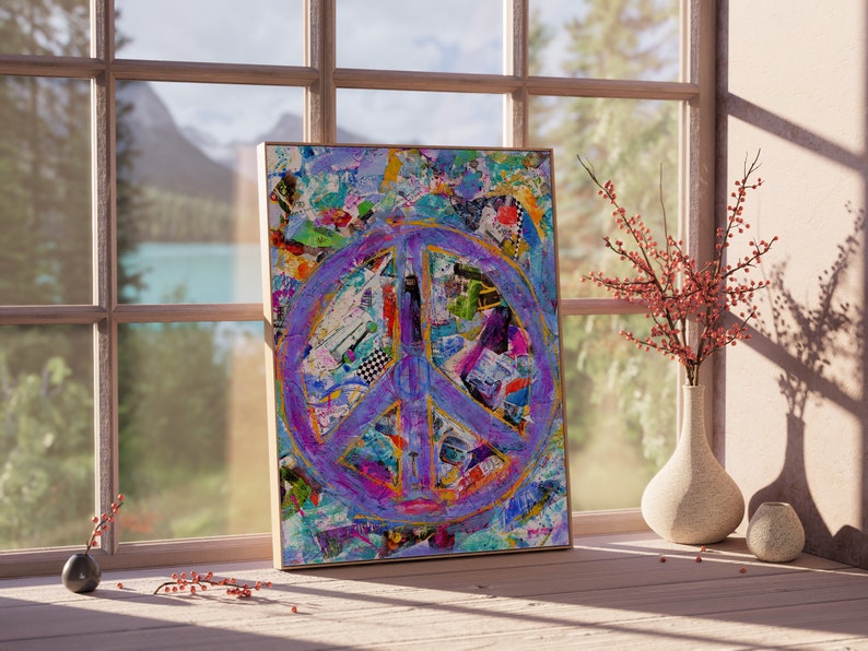 PEACE SIGN PRINT Flower Child Boho Artwork Hippy Decor Mixed Media Print Collage Art Peace ...