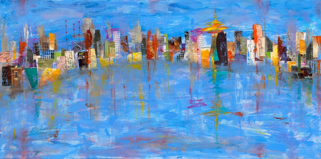 SEATTLE ART PRINT | Space Needle Mixed Media Art | City Skyline Urban ...