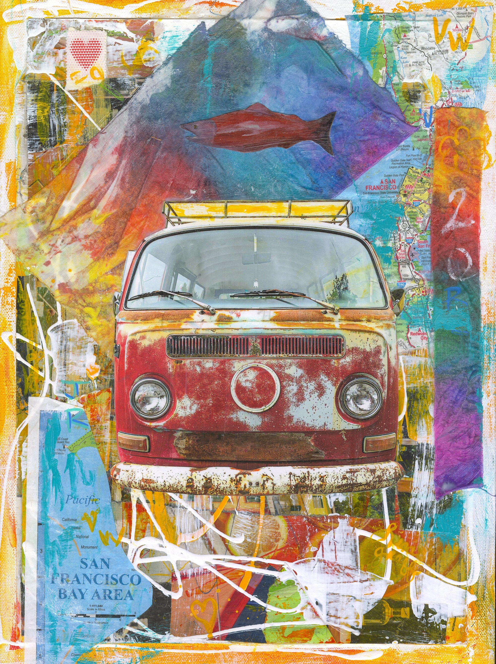 BOHO BUS PRINT | Bay Window Bus | Mixed Media Bohemian Artwork | Boho ...