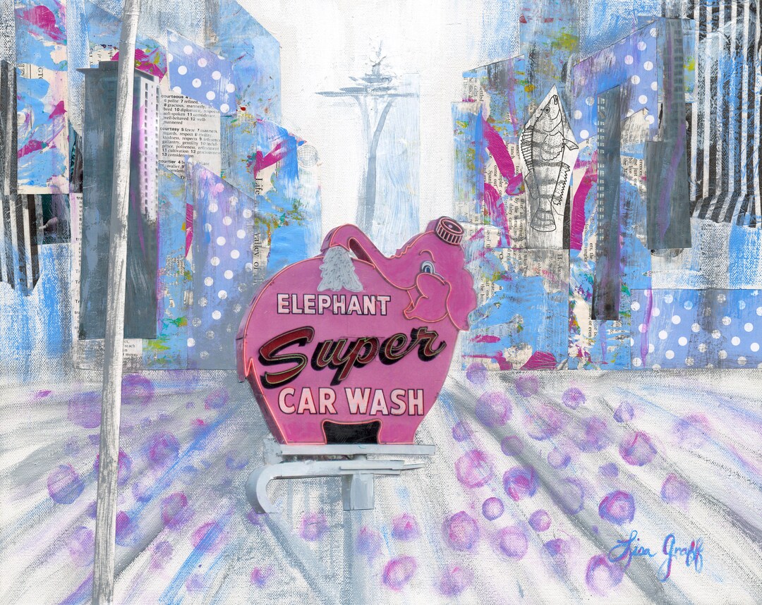 ELEPHANT CAR WASH Print - Seattle Art Mixed Media Painting Print - Pink ...