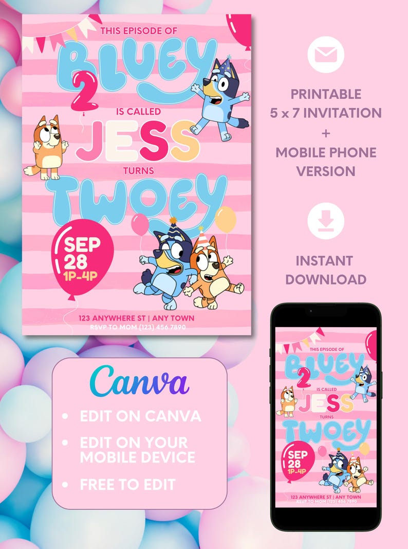 Editable Pink Bluey Second Birthday Invitation - Etsy